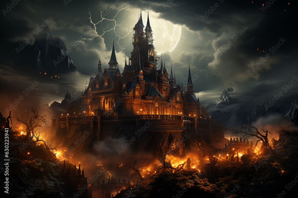 A haunted castle with lightning striking and thunder rumbling in the ...