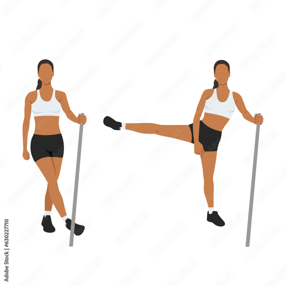 Woman doing side lateral leg or hip swings exercise. Flat vector ...
