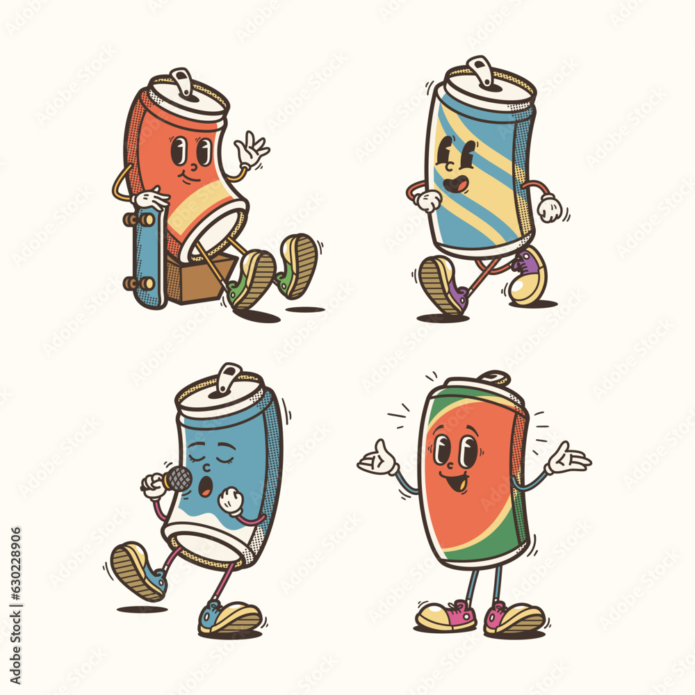 Set of Traditional Soda Can Cartoon Illustration with Varied Poses and ...
