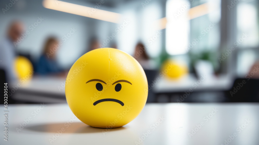 Negativity in the workplace demonstrated by a yellow frown ball in the ...