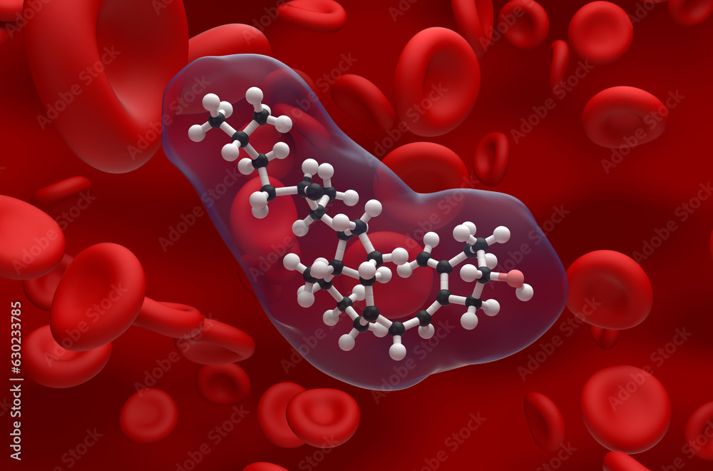 Vitamin D structure in the blood flow – ball and stick closeup view 3d ...