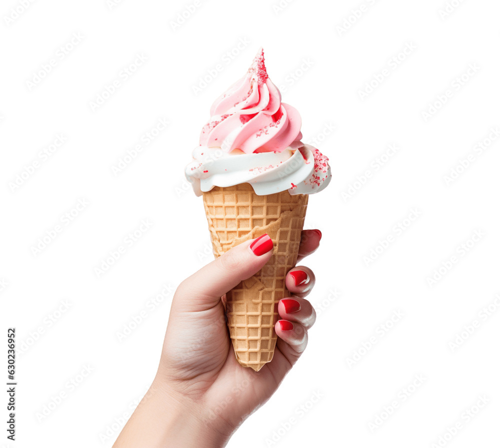 Female hand holding strawberry ice cream cone isolated on transparent ...