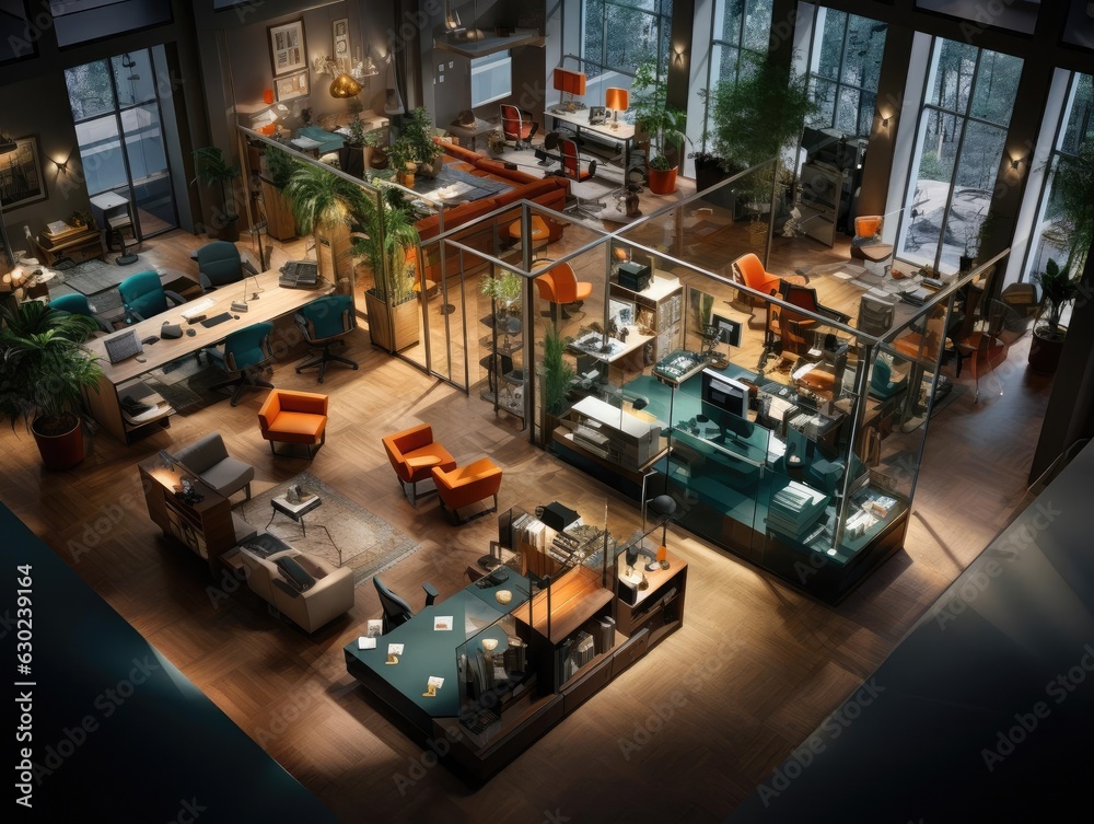 The overhead view showcases a modern, open plan office. Touchless ...