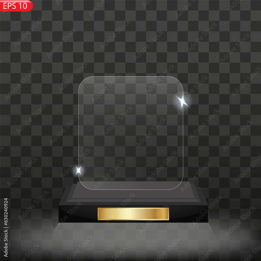 Glass award trophy set. Transparent prize template. Winner first place ...