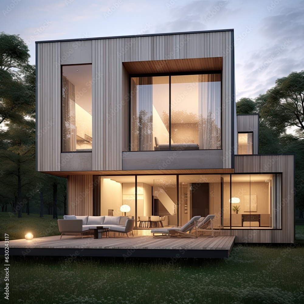 Fotka „A sprawling house with a sprawling deck overlooking the lush ...