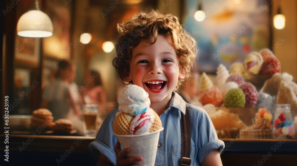 Little boy holding ice cream in ice cream shop. Generative AI Stock ...