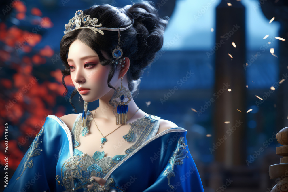 Chinese girl wearing blue Tang style attire loose dress and refined ...