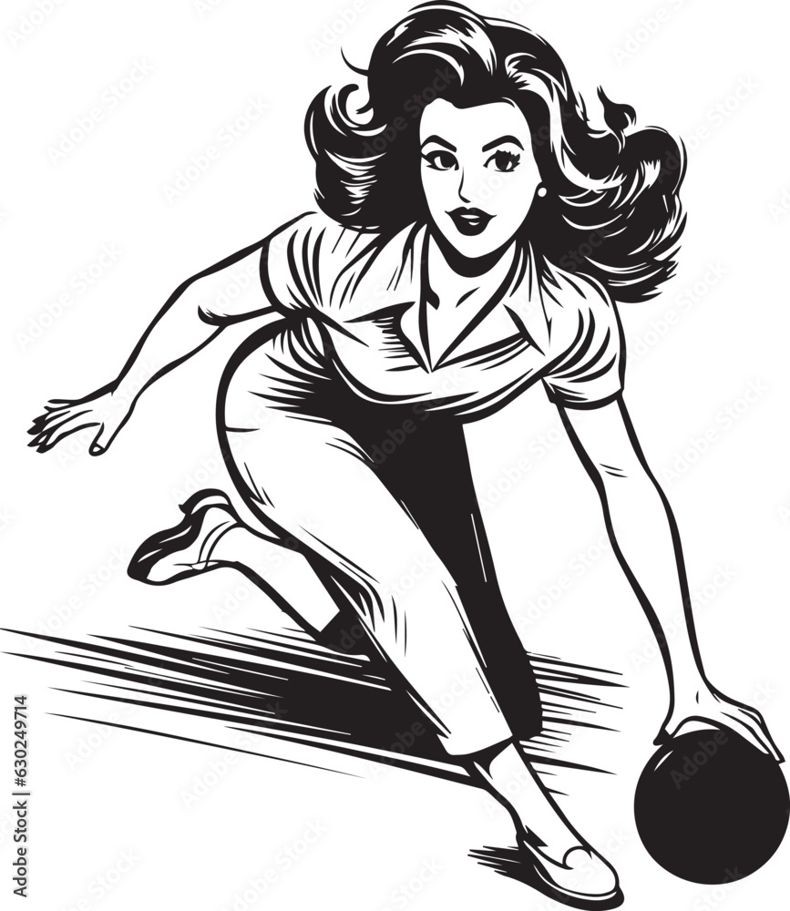 Hand-drawn Retro woman play bowling , Retro comics, American cartoon ...