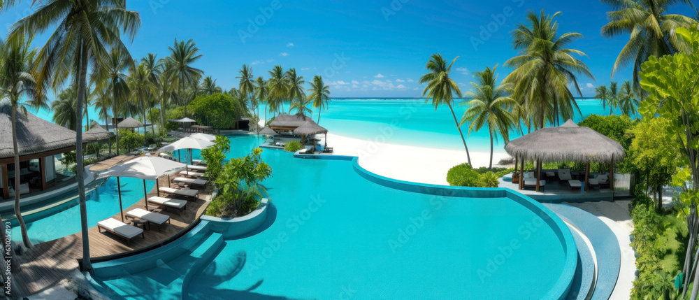 Bird's-eye view at luxury tropical resort near the ocean: swimming ...