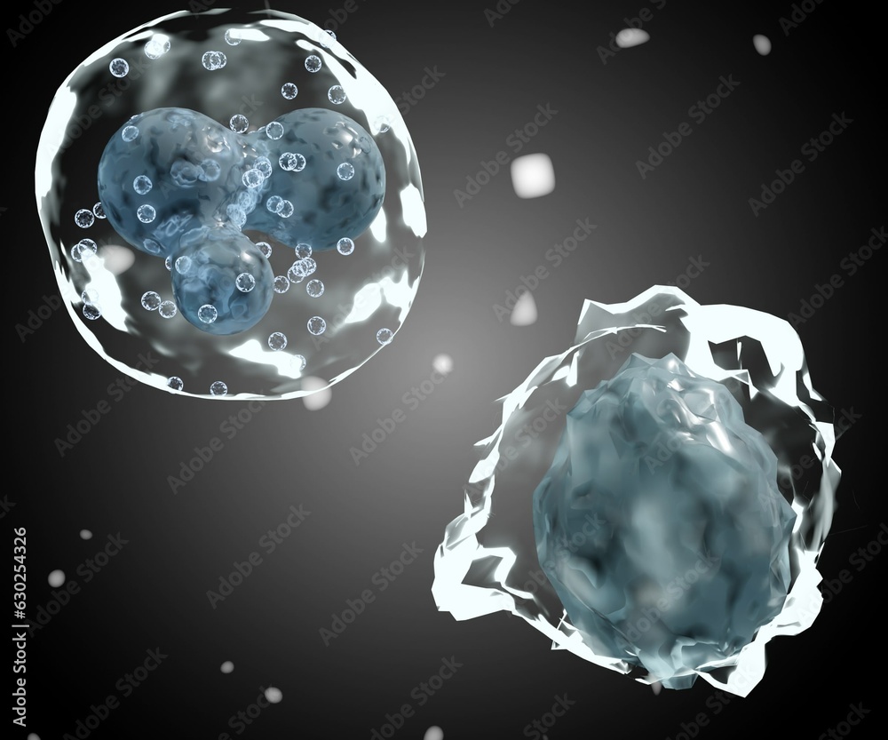 leucocyte and basophile white blood cells in the black background 3d ...