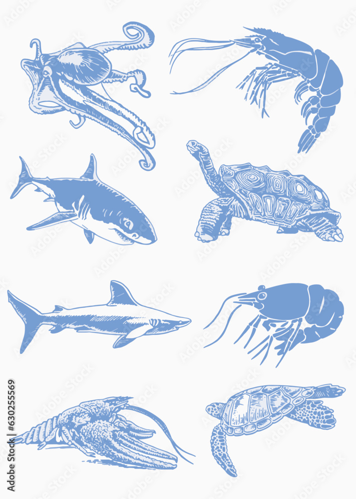 Graphical set of blue elements of marine life isolated on white ...