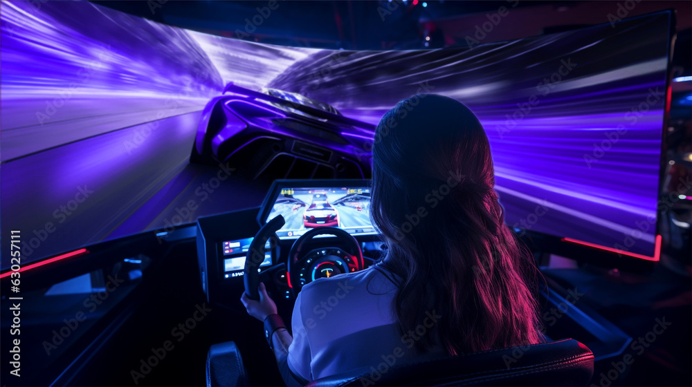 Gamer girl holding steering wheel controller and playing PC racing game ...