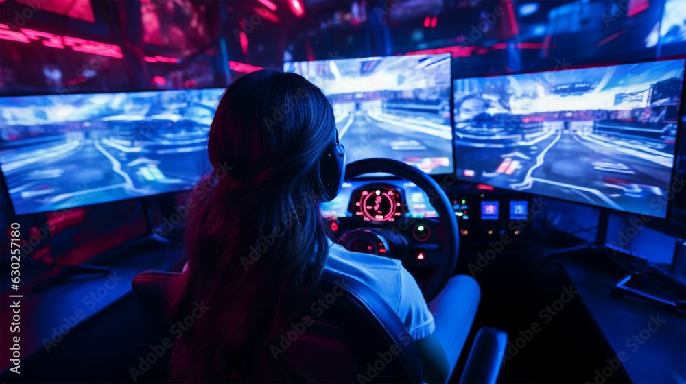 Gamer girl holding steering wheel controller and playing PC racing game ...