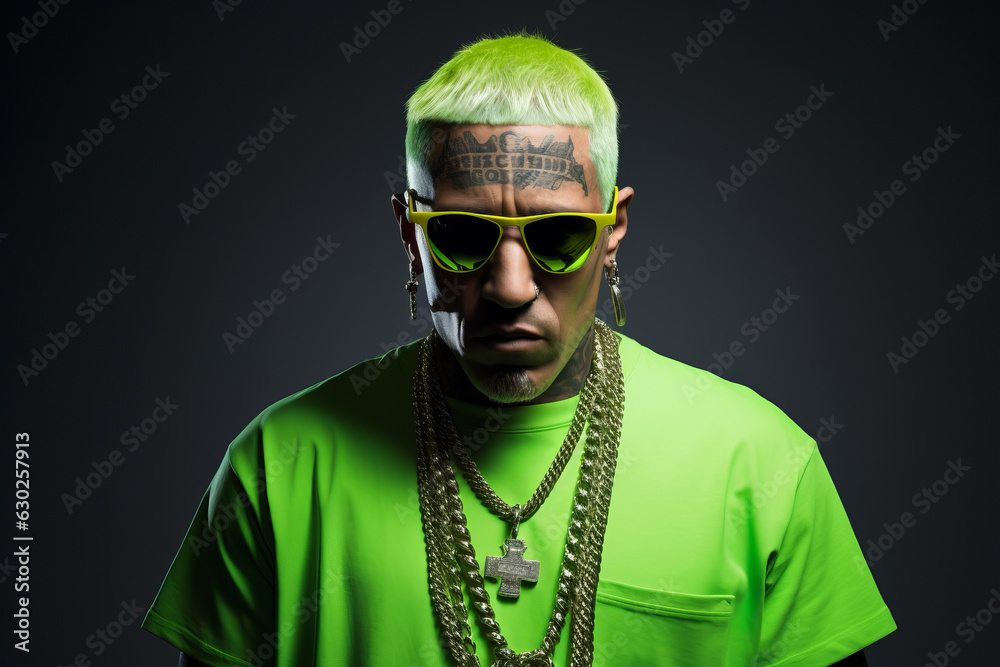 Tough rapper portrait with face tattoos and gold chains, lime green ...