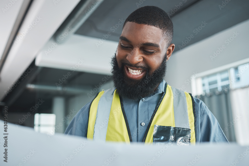 Engineering, man and blueprint paper for planning office building ...