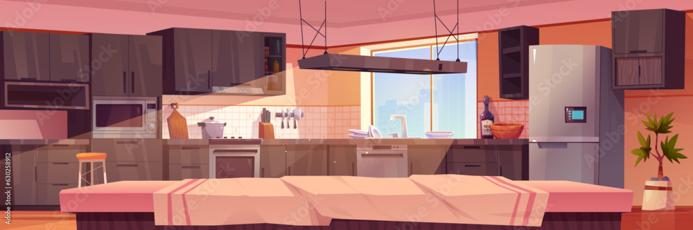 Cartoon home kitchen interior table view vector background illustration ...