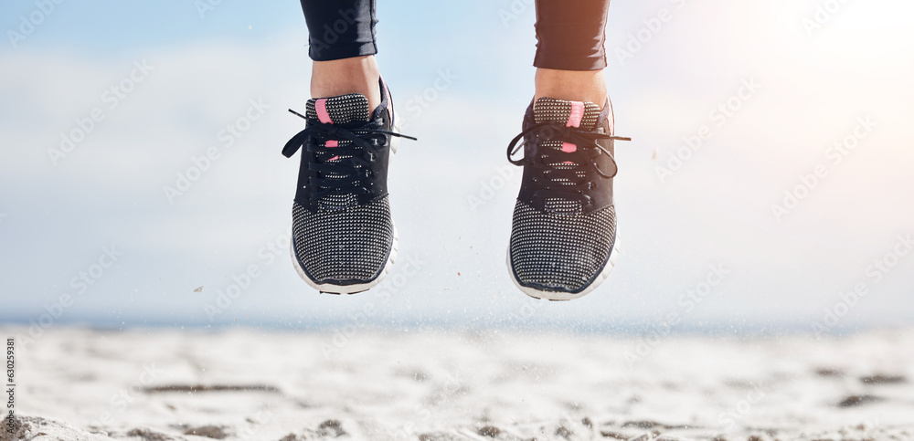 Woman, fitness and shoes jumping on mockup in air for sports motivation ...