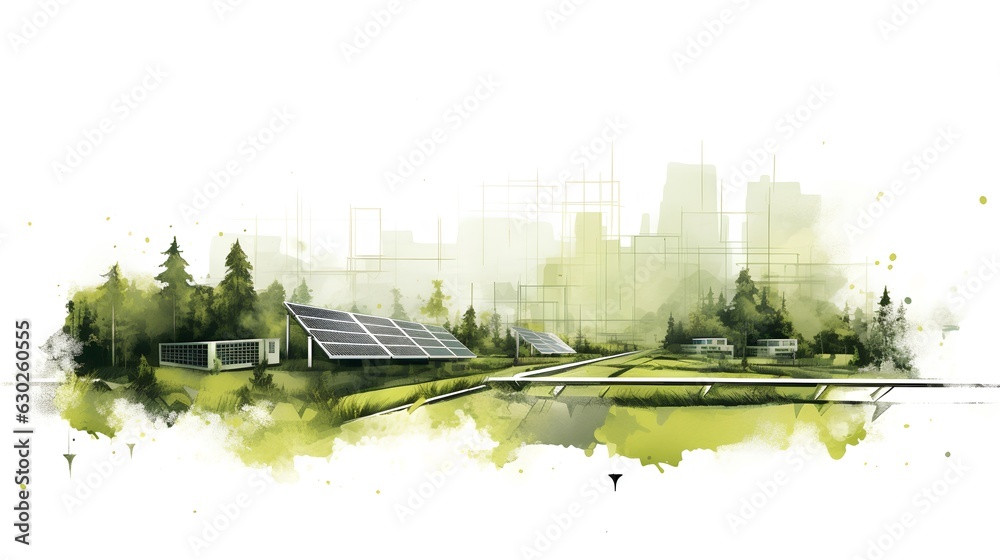 A detailed sketch of solar panels installed in a field, capturing the ...