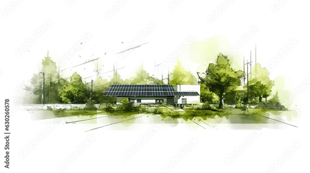 A detailed sketch of solar panels installed in a field, capturing the ...