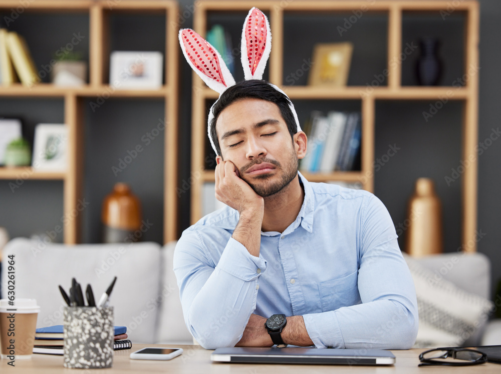 Tired, sleeping and a man for easter in an office with bunny ears for ...