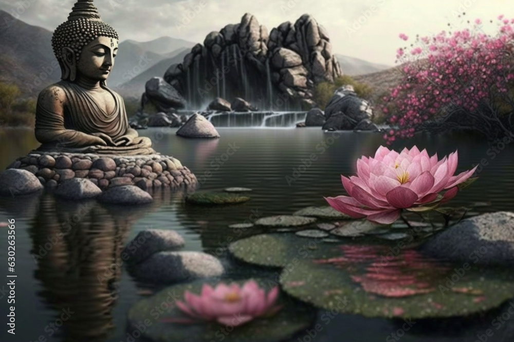Serenity and tranquility of a Buddha statue seated in the lotus ...