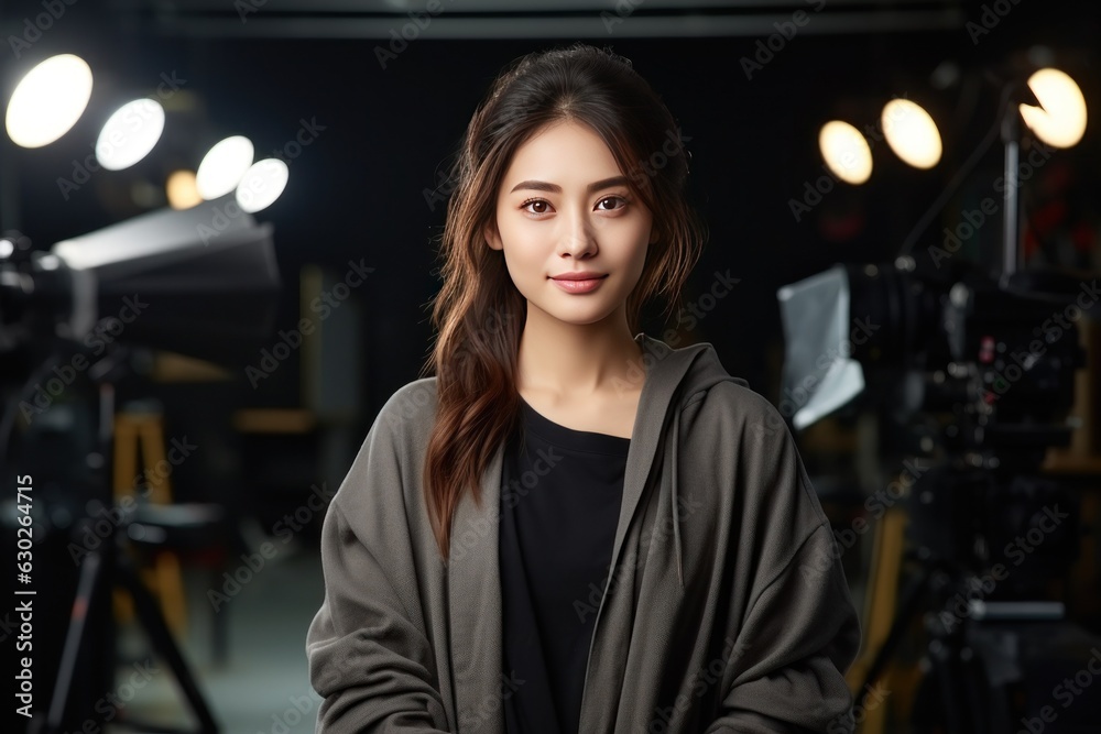 Portrait photographer asian woman stand front of cinema studio, world ...