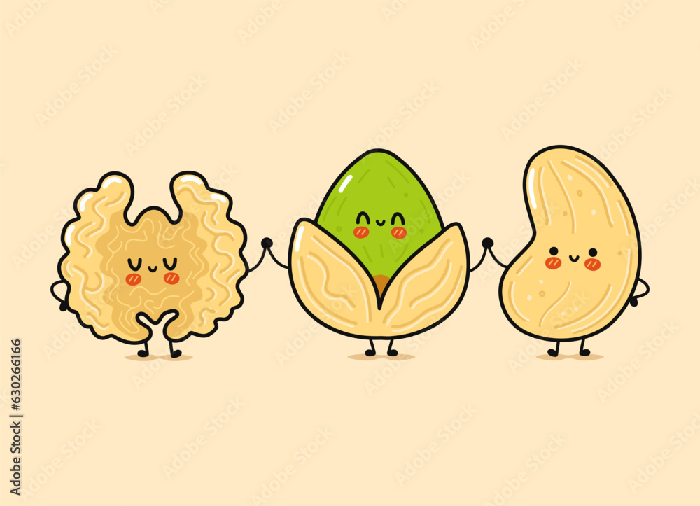 Cute, funny happy Walnut, pistachio and cashews nut. Vector hand drawn ...