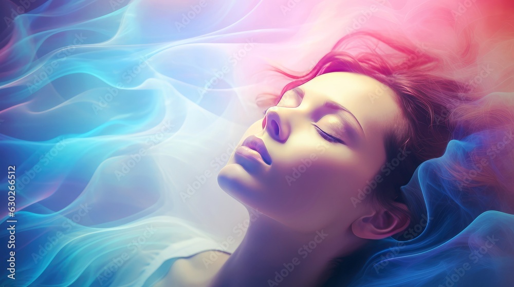 Illustration of woman sleeping and dreaming. Psychic girl considers ...