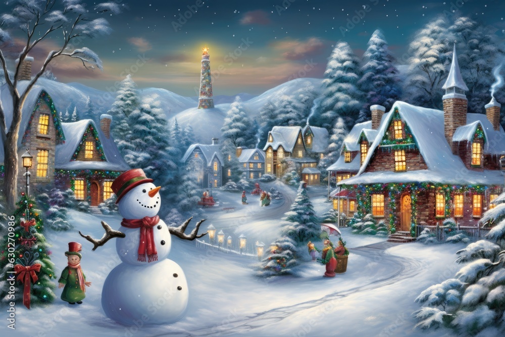 Painted charming snowy village scene with houses covered in twinkling ...