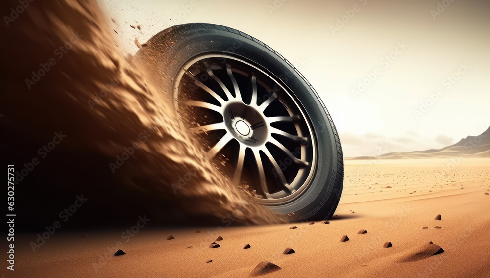 Car tire in high speed desert race and dirt. Extreme wheel action on ...