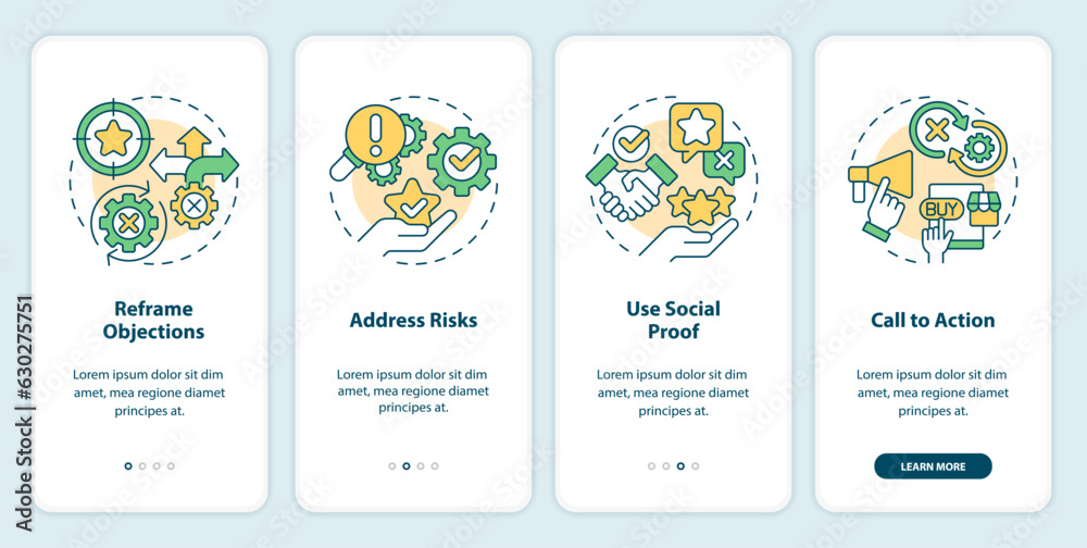 Objection handling techniques onboarding mobile app screen. Sales negotiation walkthrough 4 ...