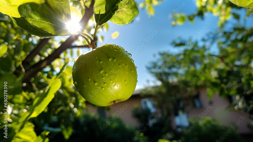 Saftiger grüner Apfel am Baum mit Gegenlicht in der Sonne, ai generativ ...