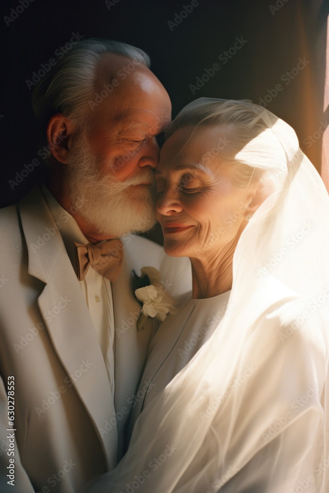 portrait of a an elderly couple bride/groom in wedding dress/suit with ...
