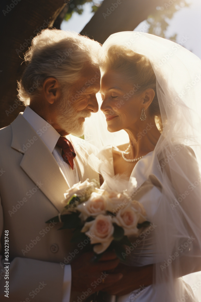portrait of a an elderly couple bride/groom in wedding dress/suit with ...