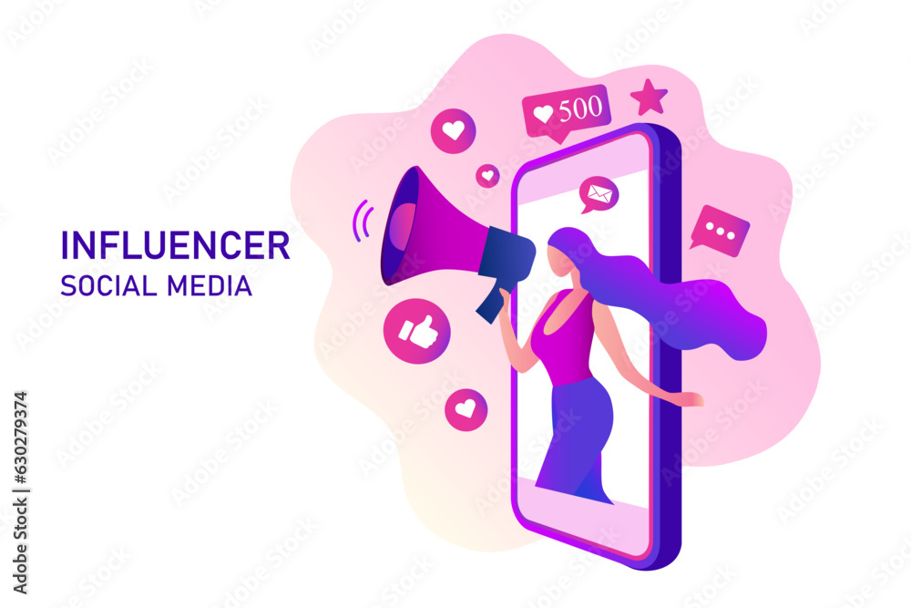 Beautiful Woman Shouting In Loud Speaker With Social Media Icons 