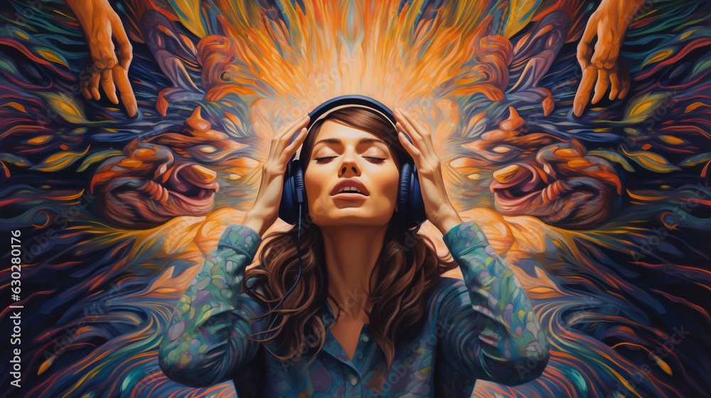 girl with headphones in a colorful vivid background. An illustration of ...