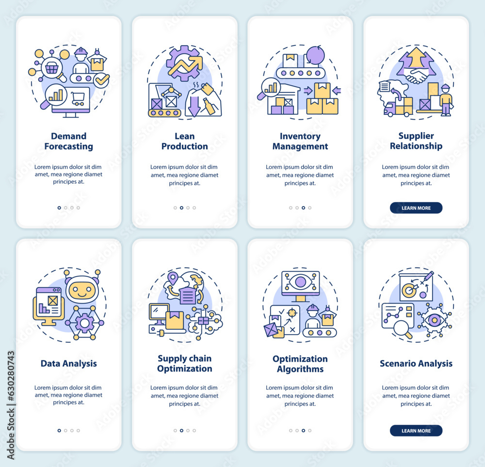 2D icons representing overproduction mobile app screen set. Walkthrough ...