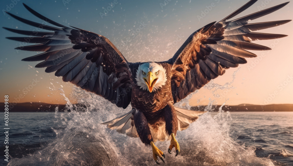 Eagle Soaring Over Water. Majestic Flight and Powerful Hunt. Wildlife ...