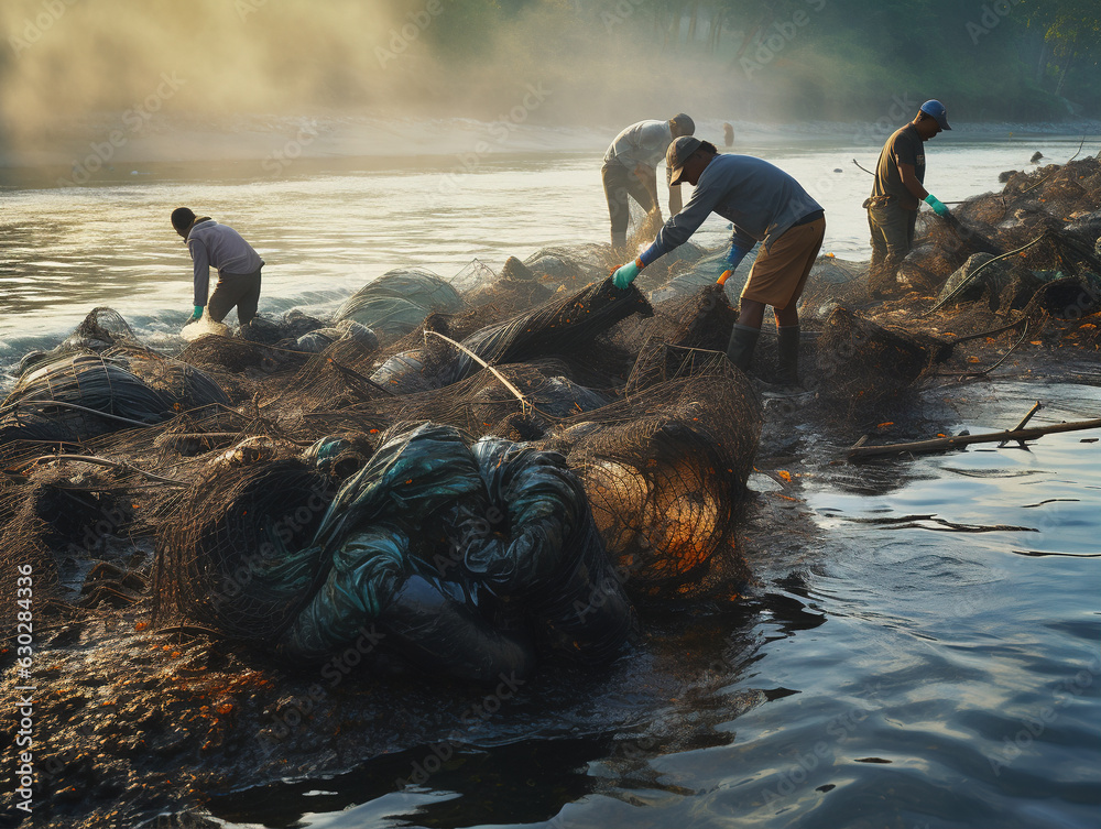River Cleanup: A close-up of volunteers using nets to collect floating ...