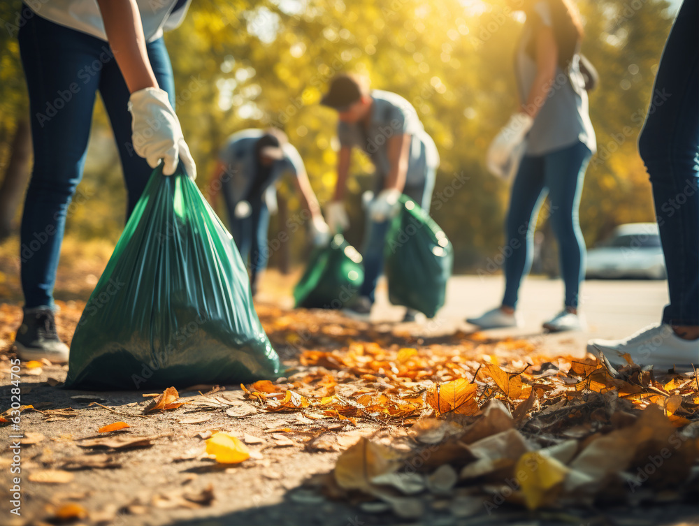Community Clean-Up: A close-up of a group of volunteers picking up ...