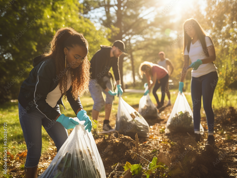 Community Clean-Up: A close-up of a group of volunteers picking up ...