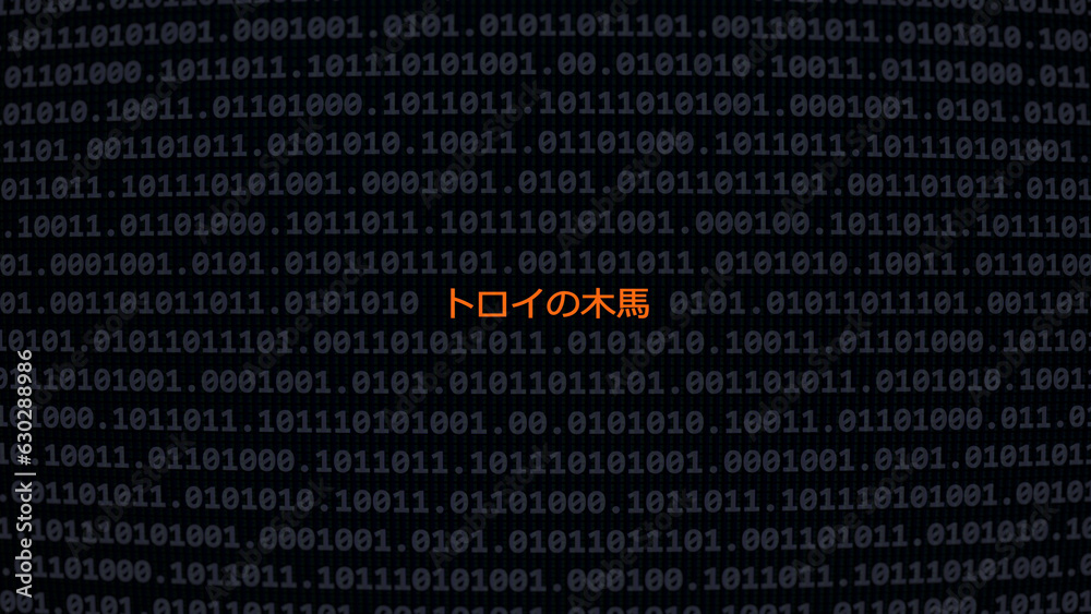 Cyber attack. Translation: trojan horse. Vulnerability text in binary system ascii art style ...