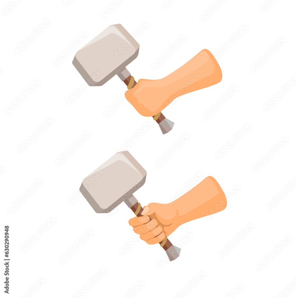 Poster Hand Holding Thor Hammer Symbol Set Cartoon Illustration Vector ...