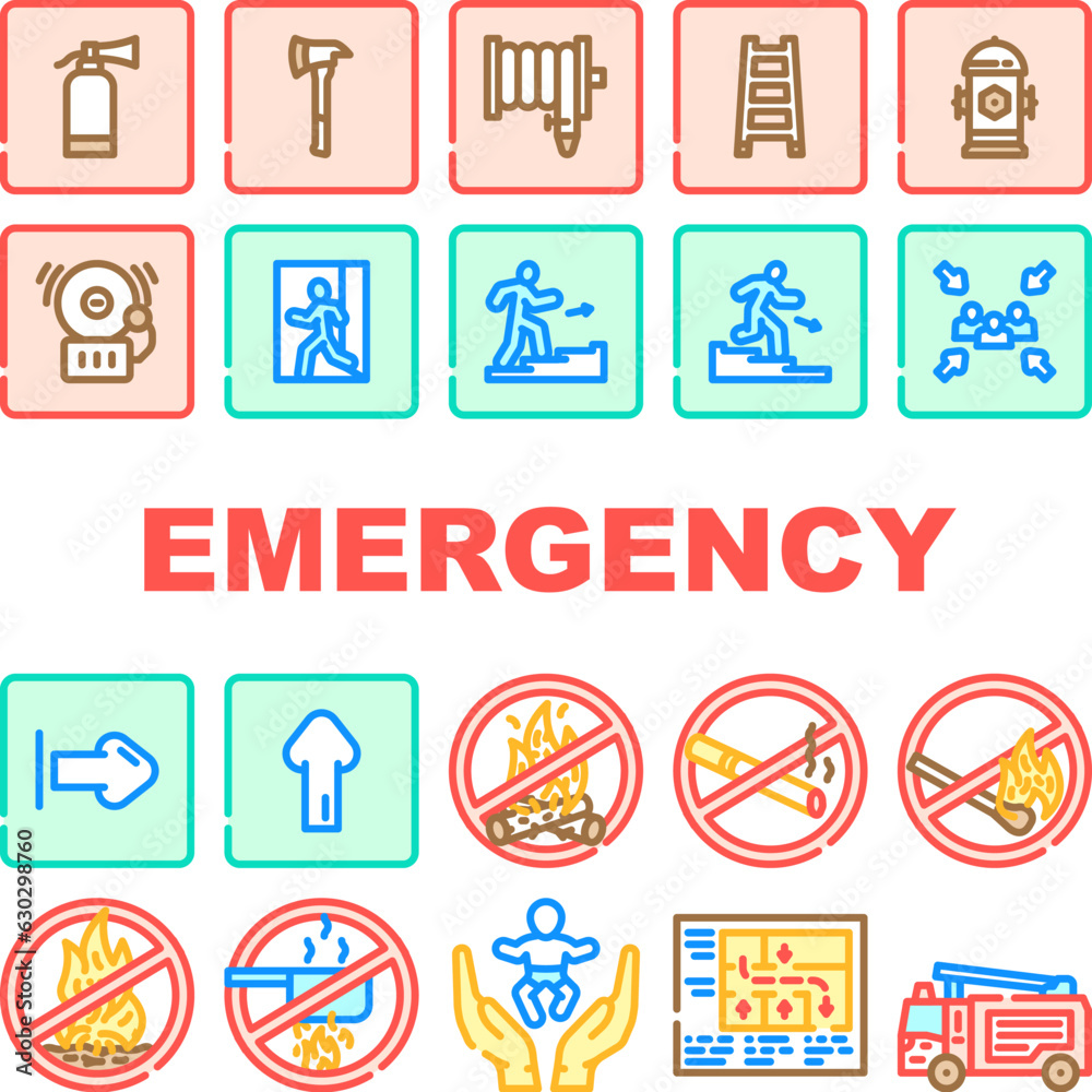 emergency fire exit safety escape icons set vector. building green ...