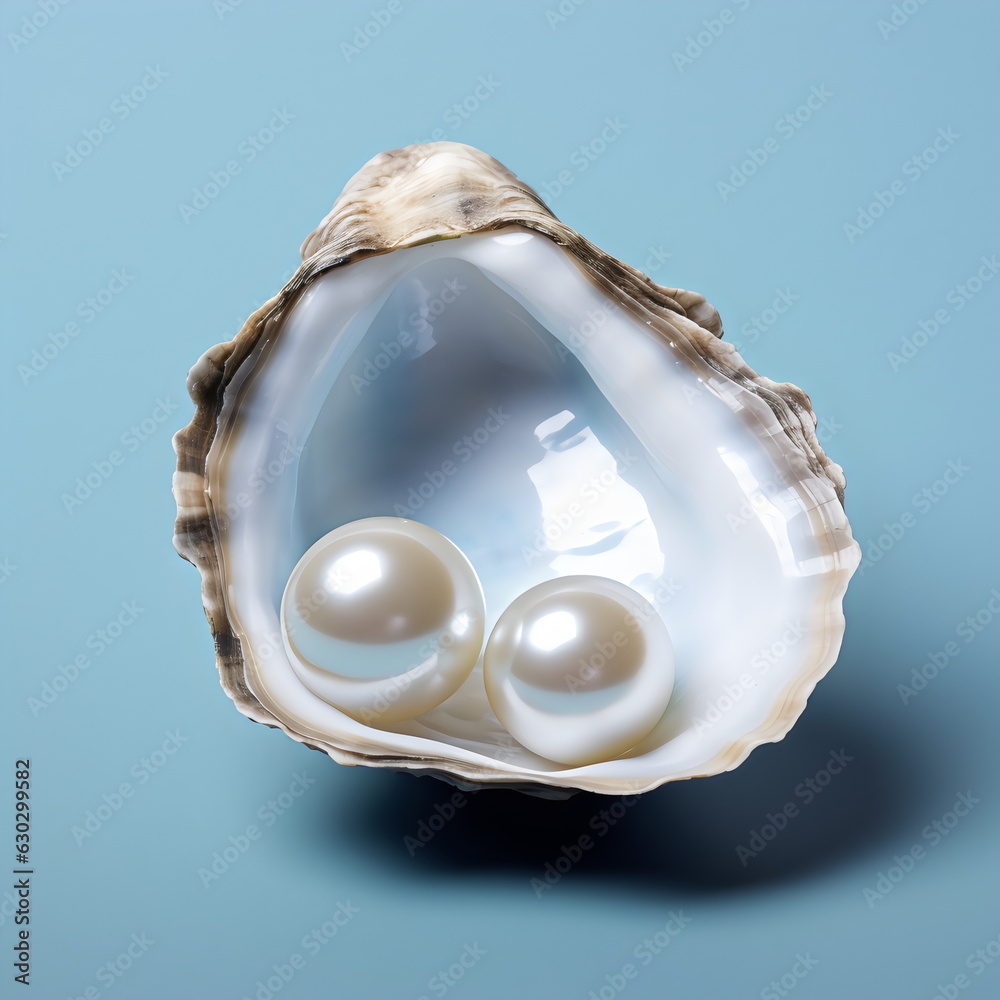 oyster shell with two large pearls inside isolated on plain blue studio ...