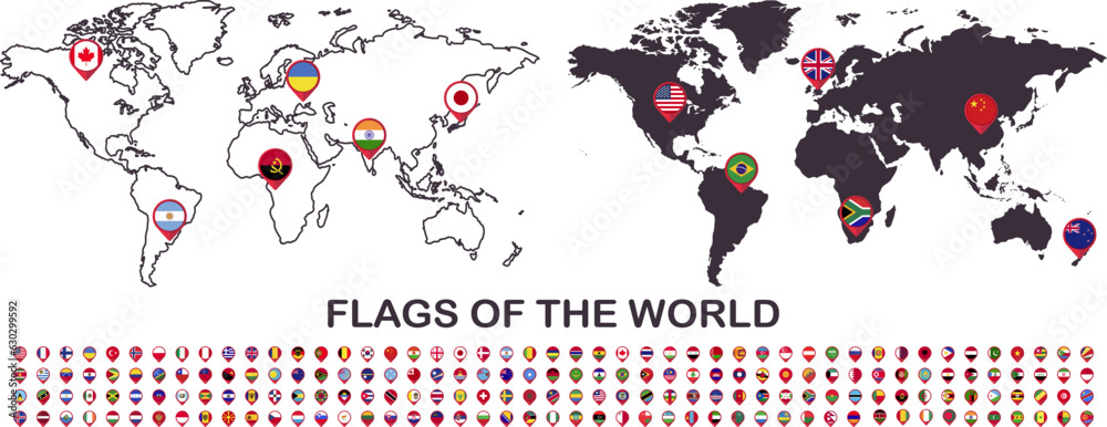 Vecteur Stock World map with flags. Map marker pointer icon set with ...