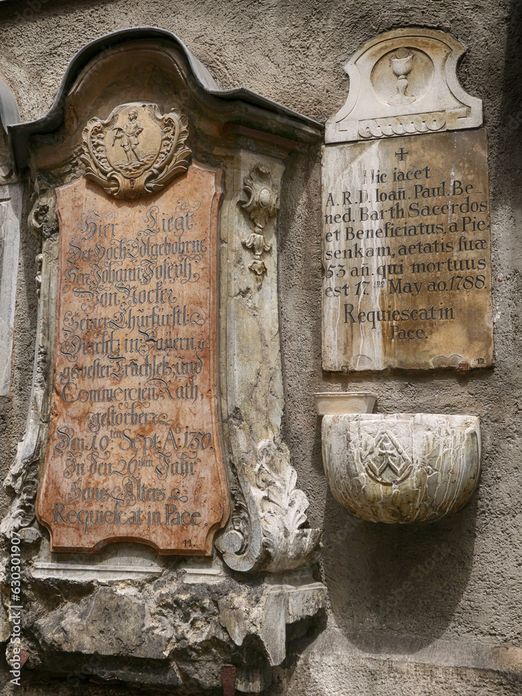 Antique marble tombstones of the 18th century with inscription in Latin ...