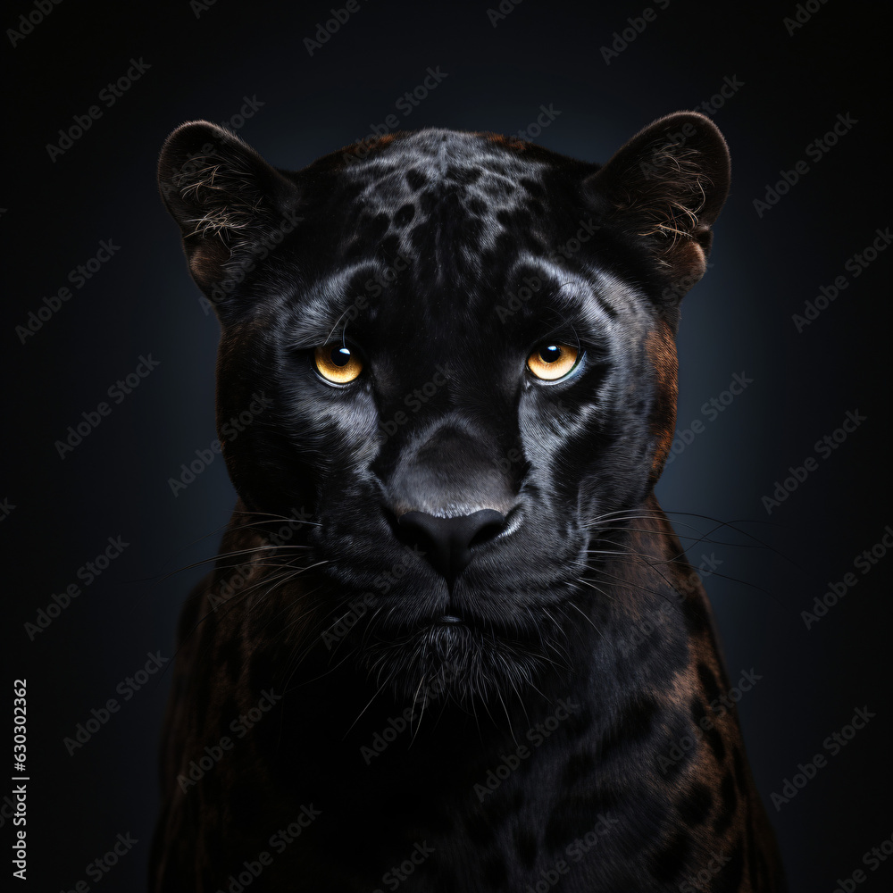 Frontal perspective of a panther against a moody dark backdrop. Ideal ...
