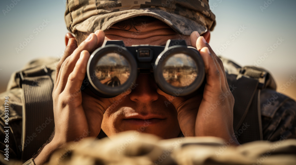 military soldier with camouflage uniform looking through binoculars ...
