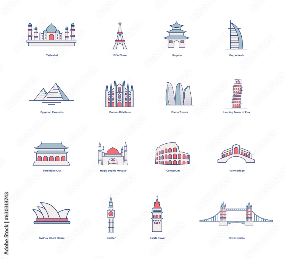 Set of icons on the theme of travel and vacation. World landmarks ...